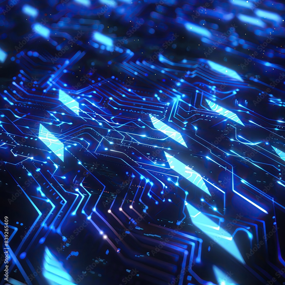 Electric blue arrows with circuit patterns, floating in a digital ...