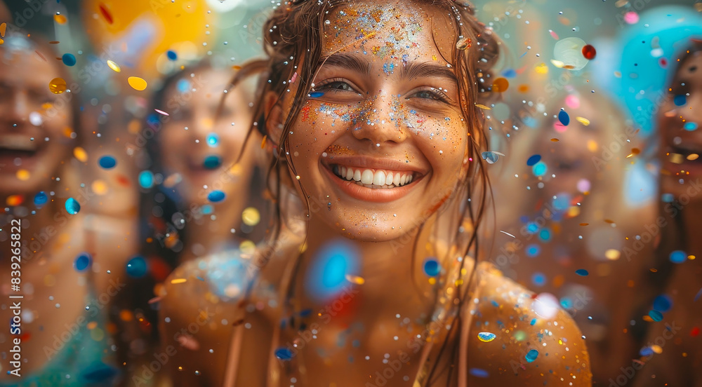 Joyful corporate party celebrating coworker's birthday with confetti ...