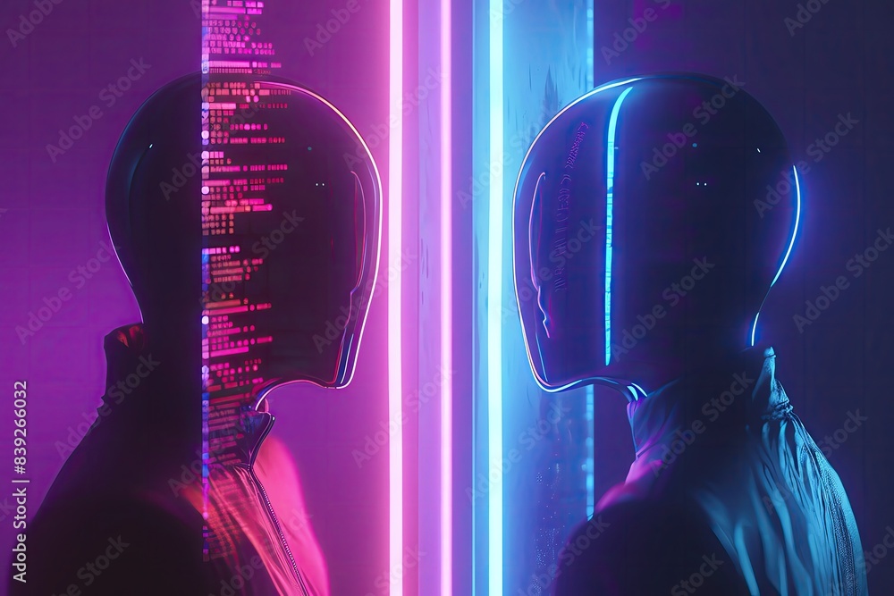Cyber scene with two figures separated by a glowing digital barrier ...