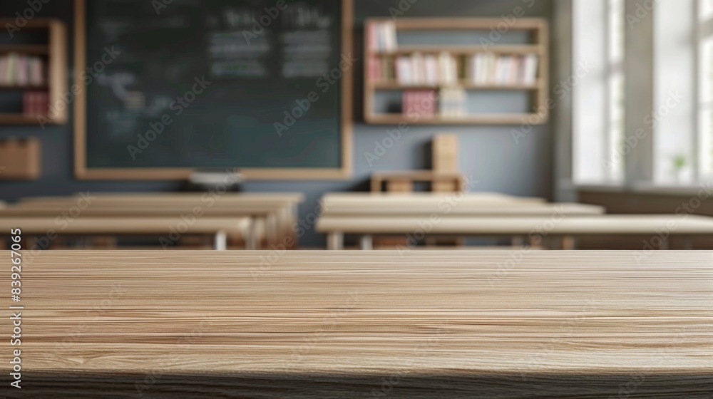 Wooden tabletop in a school classroom against a blackboard background ...