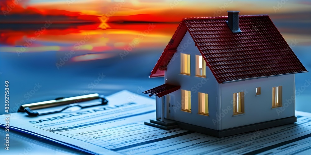 Insurance claim form next to model house background blurred with copy ...