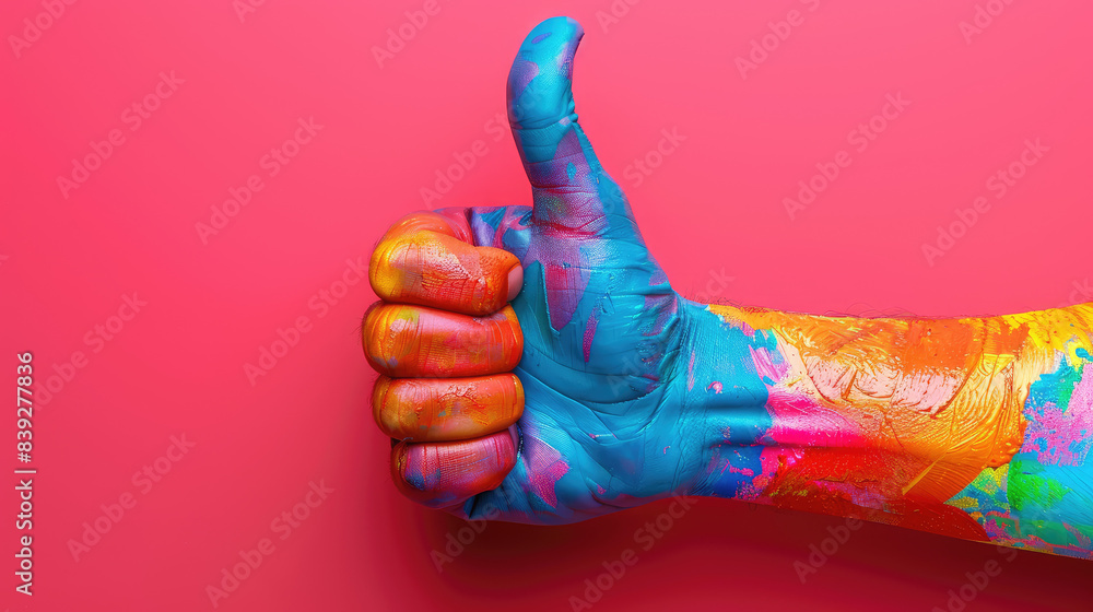 A hand with colorful paint on it is giving a thumbs up. The hand is ...