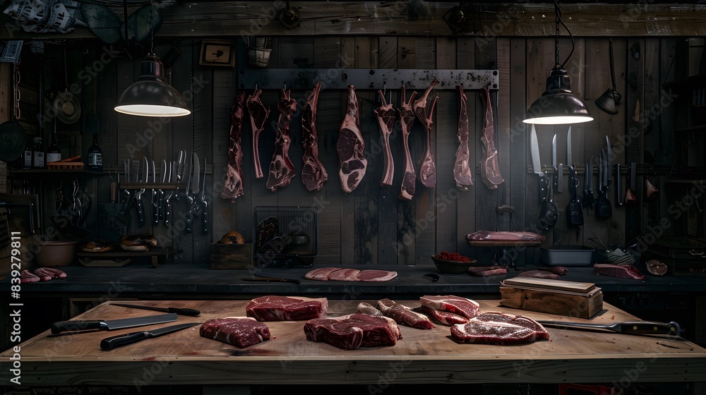Top view butcher block table: Stained with years of use, sharp knives ...