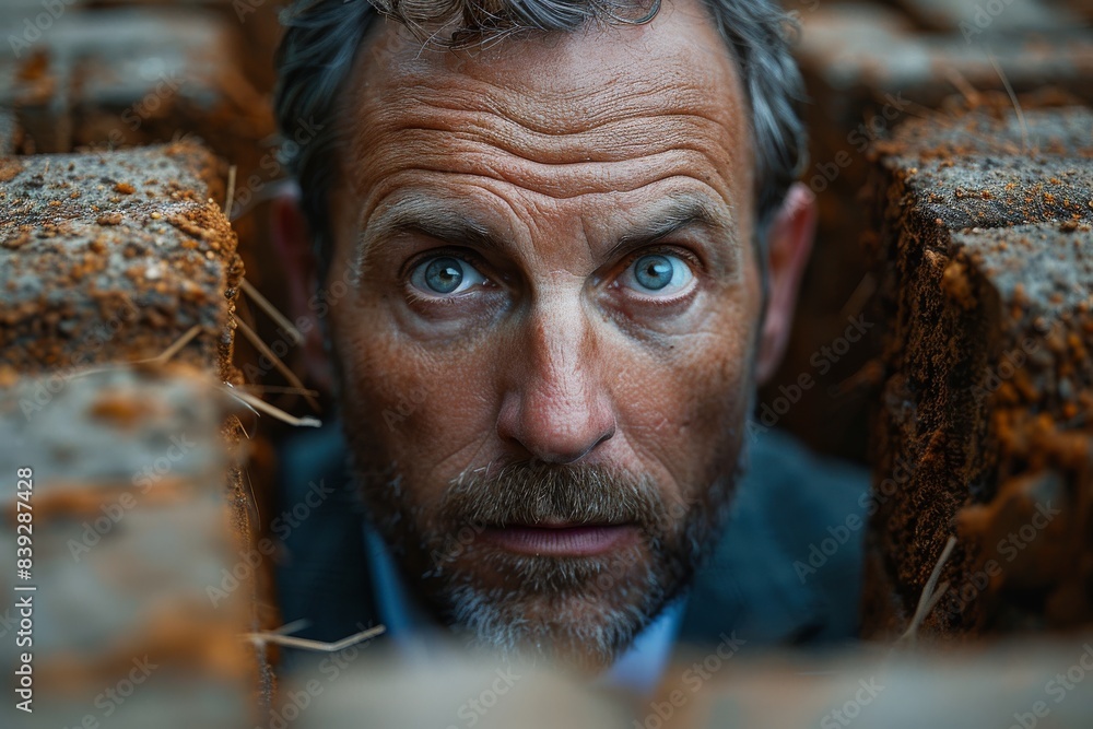 A close-up of a man with intense eyes looking through the gaps of a ...