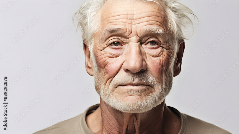 Portrait of an old man with wrinkled face on a plain white background ...