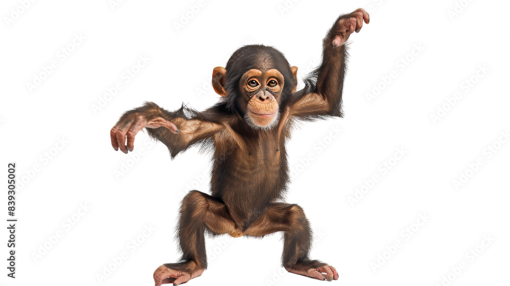 A young chimpanzee stands on its hind legs with its arms raised in ...