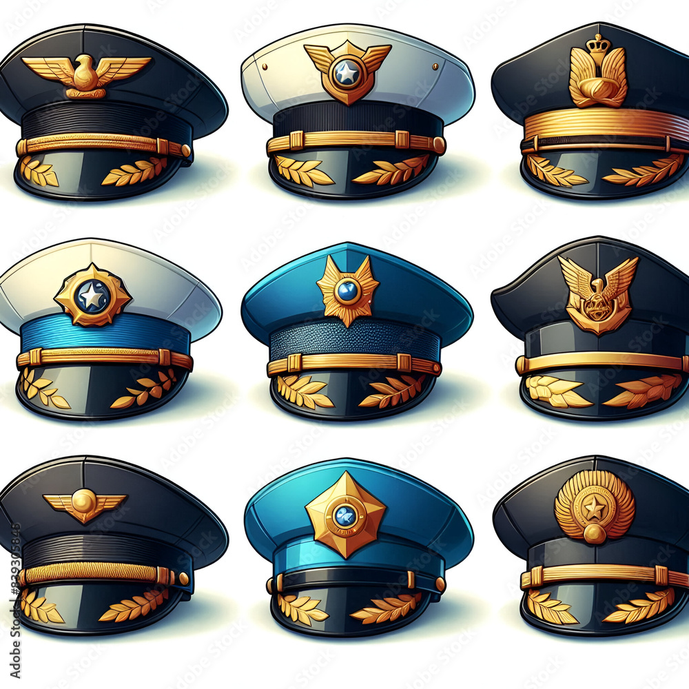set collection of security guard hat of army general and high ranking ...