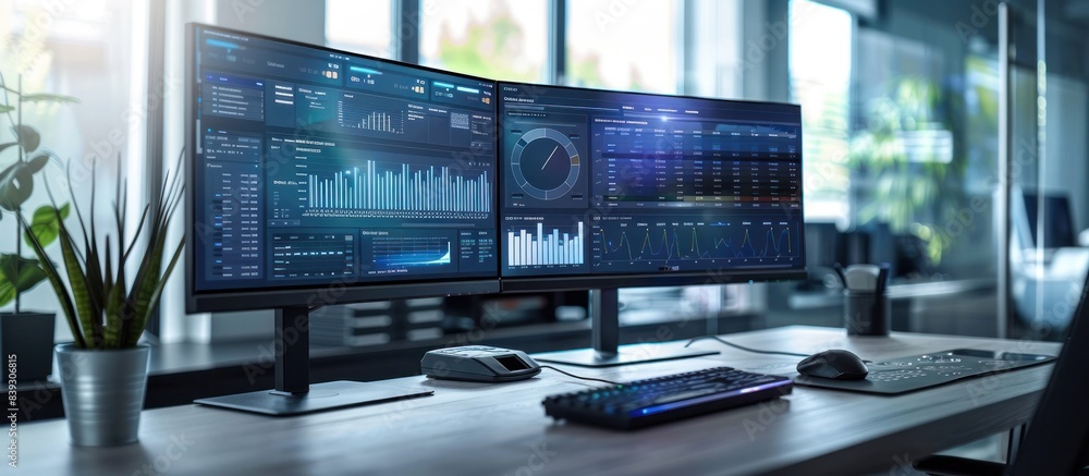 Sophisticated Modern Office Desk with Dual Monitor Setup Displaying Complex Spreadsheet and ...