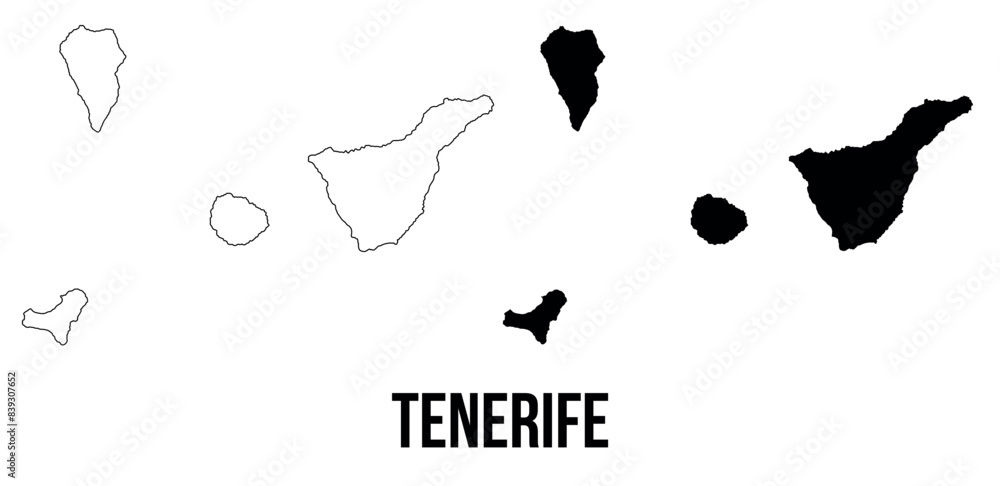 Tenerife map of regions districts vector black on white and outline ...