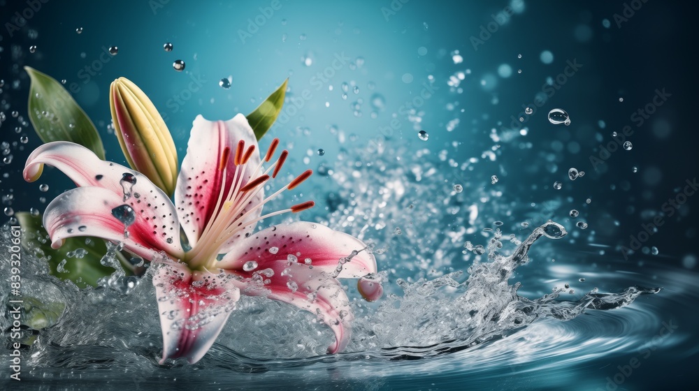Foto de Water splash on lily flower, vibrant colors, high contrast ...