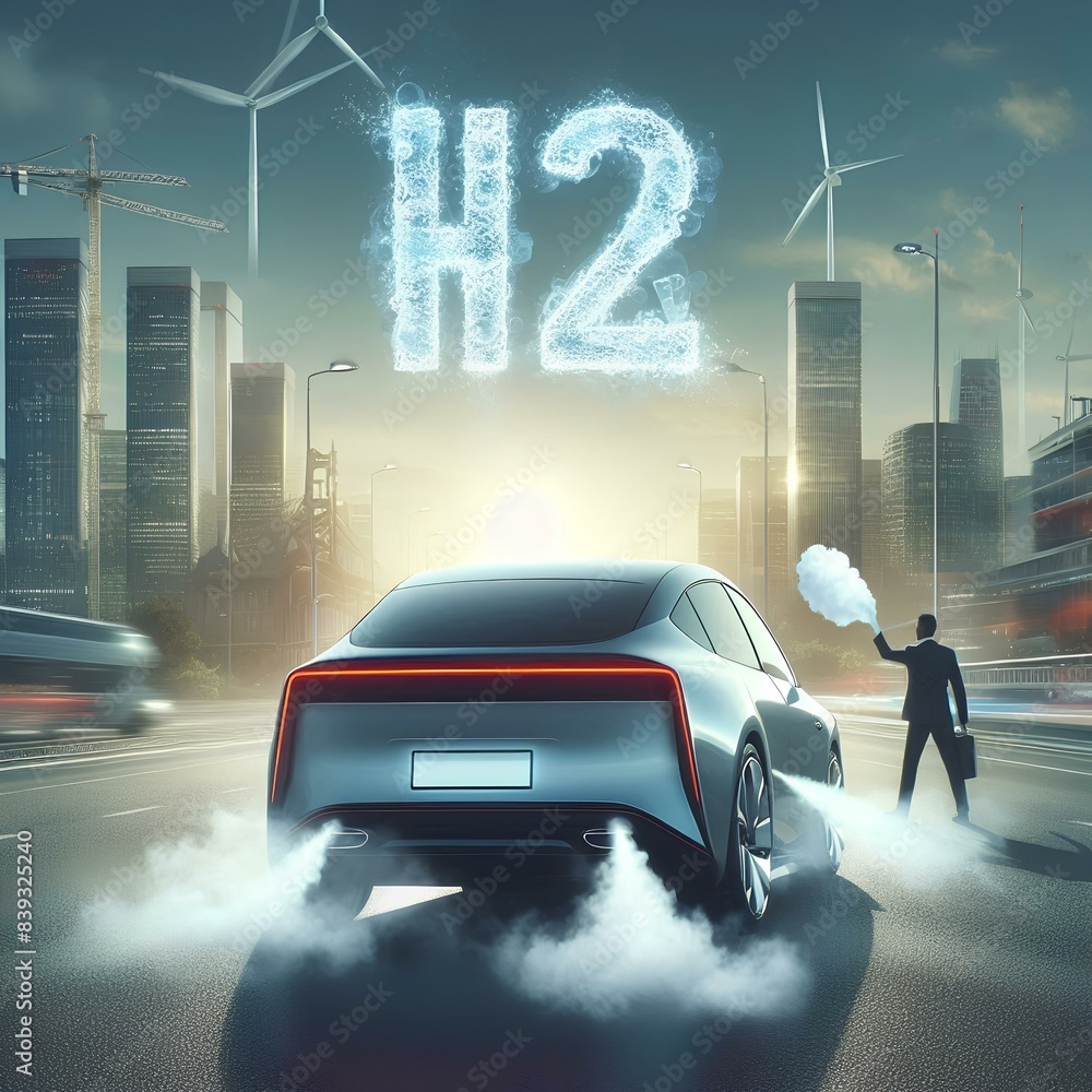 Hydrogen car concept image with back view of a car written H2 making ...