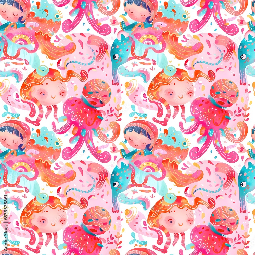 Seamless children's fantasy style pattern in bright baby pink colours ...