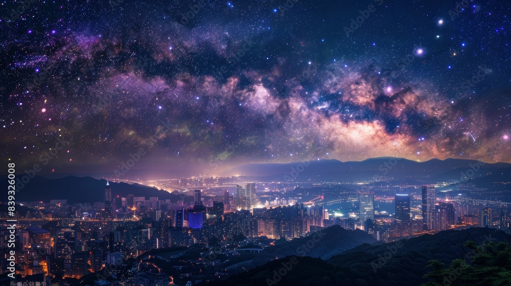 A mesmerizing combination of a starry night sky and a vibrant cityscape ...