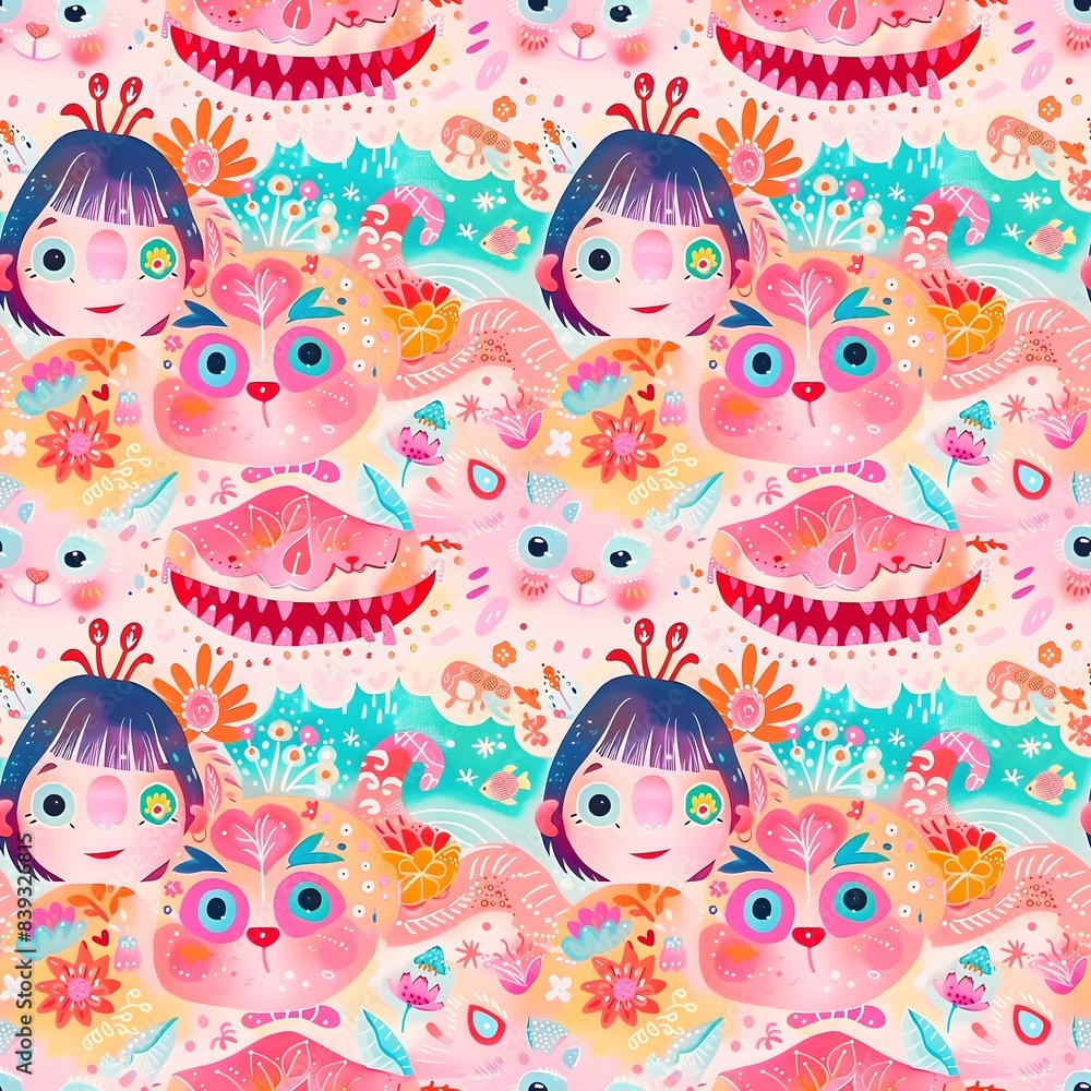 Seamless children's fantasy style pattern in bright baby pink colours ...