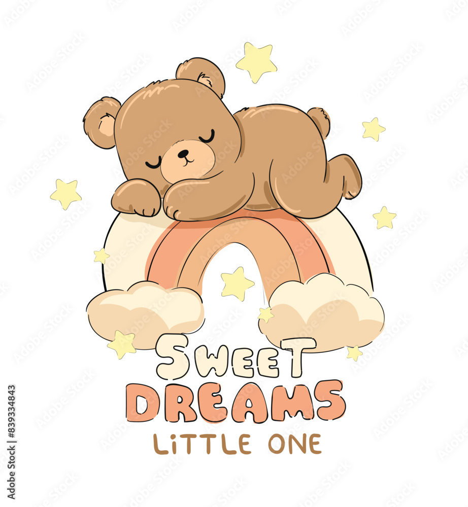 Hand Drawn Cute little bear sleeping on the rainbow, vector ...