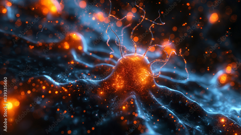 Firing Neurons - 3d rendered image of Neuron cell network on black background. Conceptual ...