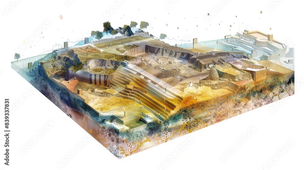 A geometric diagram showing an archaeological site cross-section, with ...