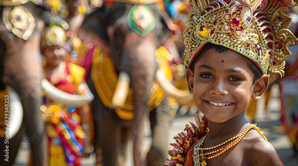 Young boy in traditional Sri Lankan attire, participating in a Perahera ...