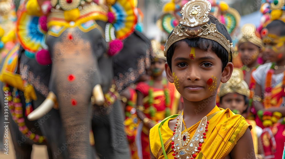 Young boy in traditional Sri Lankan attire, participating in a Perahera ...