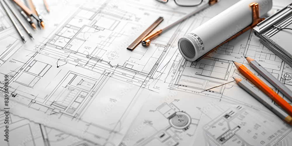 Architectural blueprints and drafting tools laid out for a detailed ...