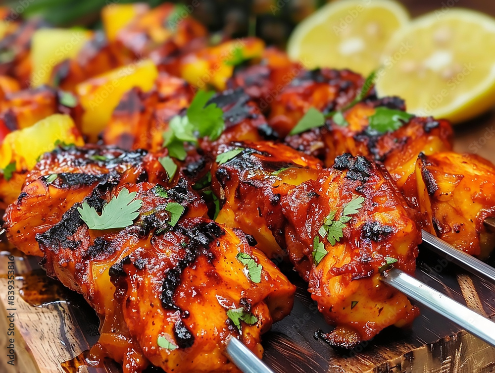 Chicken al pastor with pineapple. Homemade skewers marinated with al ...