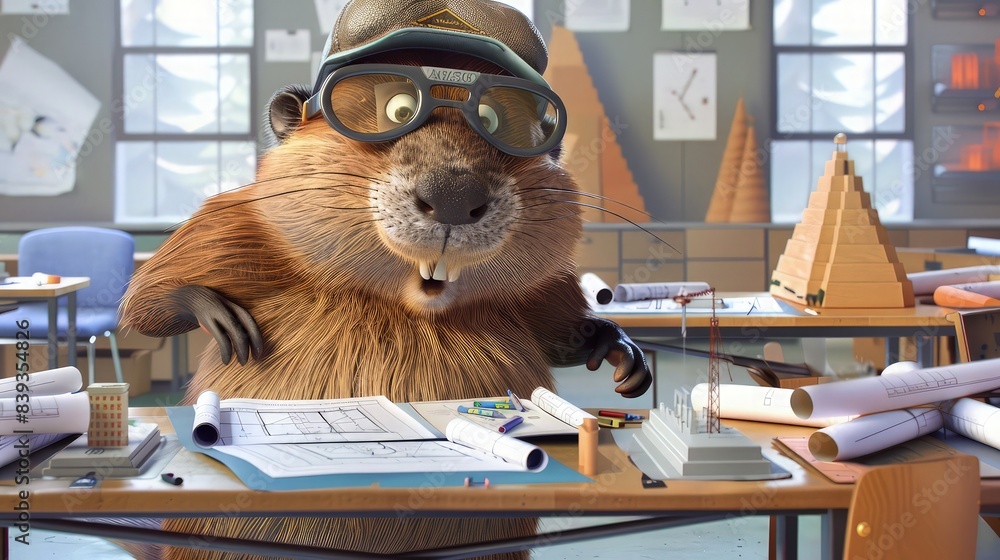 A beaver with thick glasses and an engineera??s cap, teaching a class ...