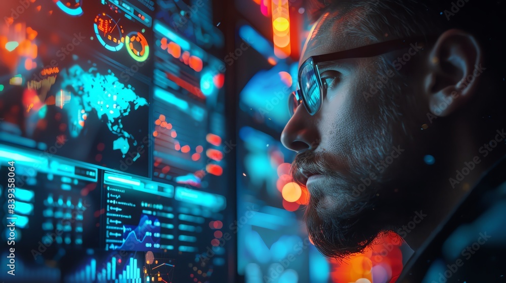 Data scientist analyzing machine learning models, colorful and detailed charts, professional and ...