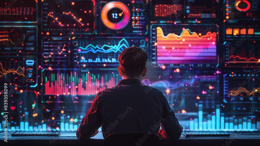 Data scientist analyzing machine learning models, colorful and detailed ...