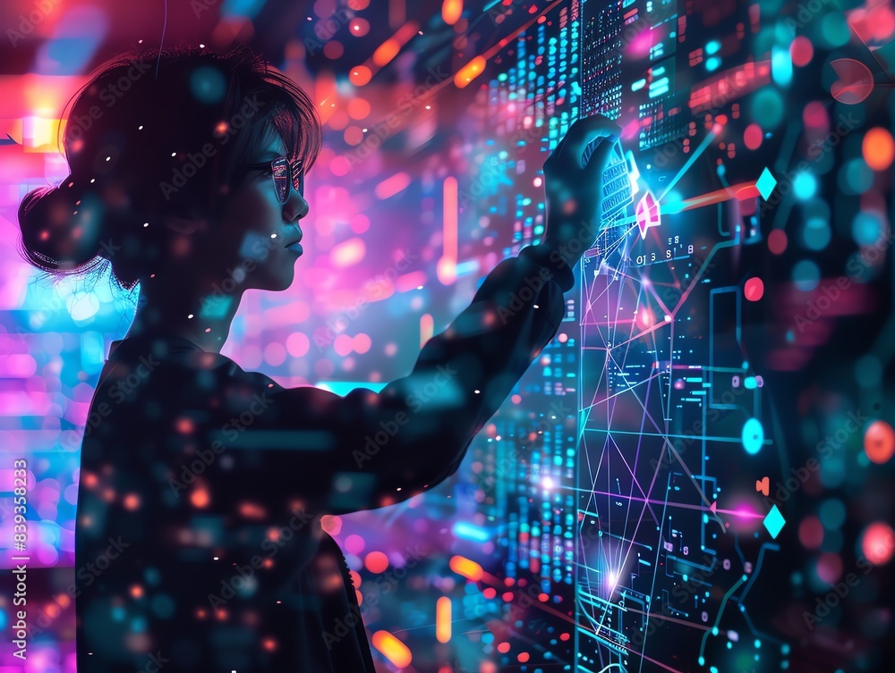 Data scientist training a machine learning model, colorful data ...