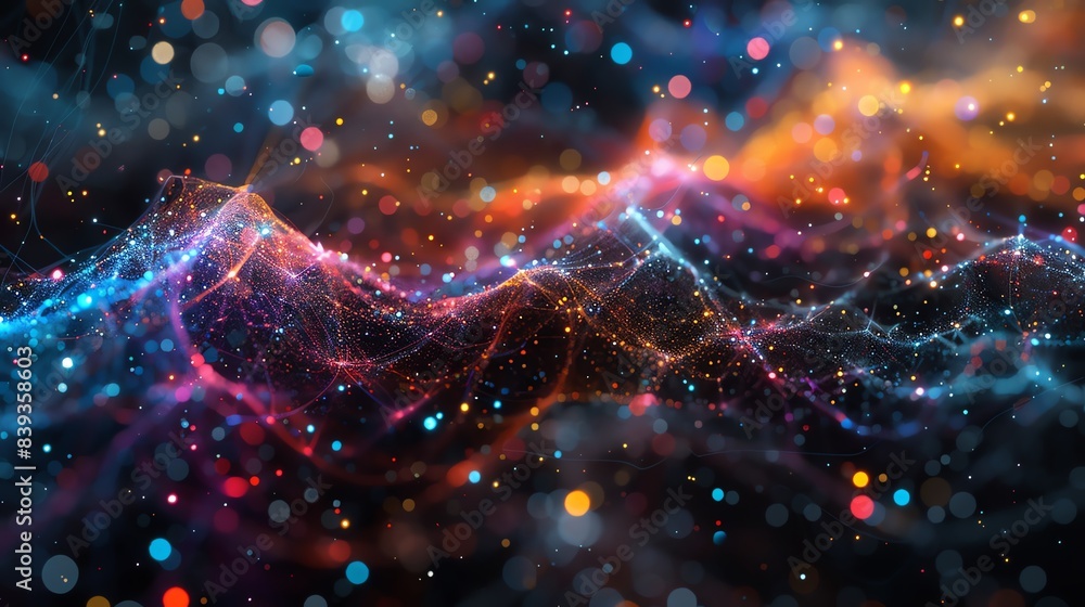 Machine learning algorithm visualized as an intricate web, colorful and abstract, data flow and ...