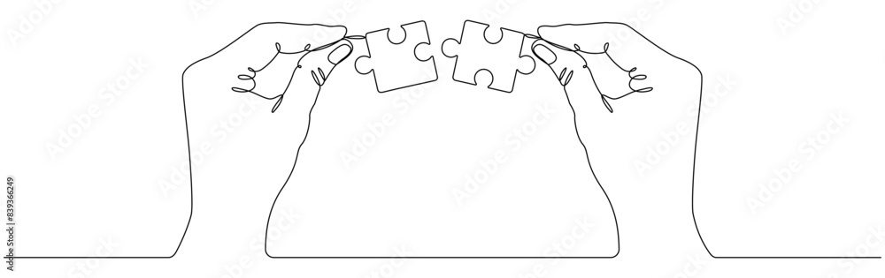 Hands hold puzzle piece continuous line drawing. Teamwork concept ...