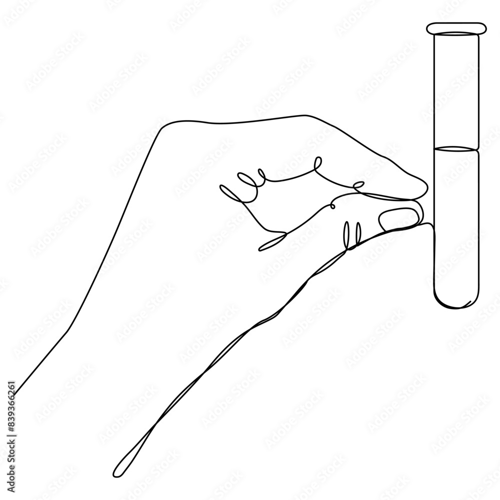 Hand holding chemical lab flask continuous line drawing. Science ...