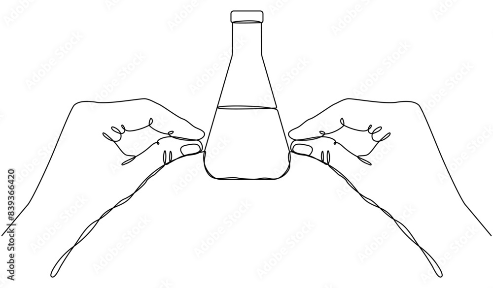 Hand holding chemical lab flask continuous line drawing. Science ...