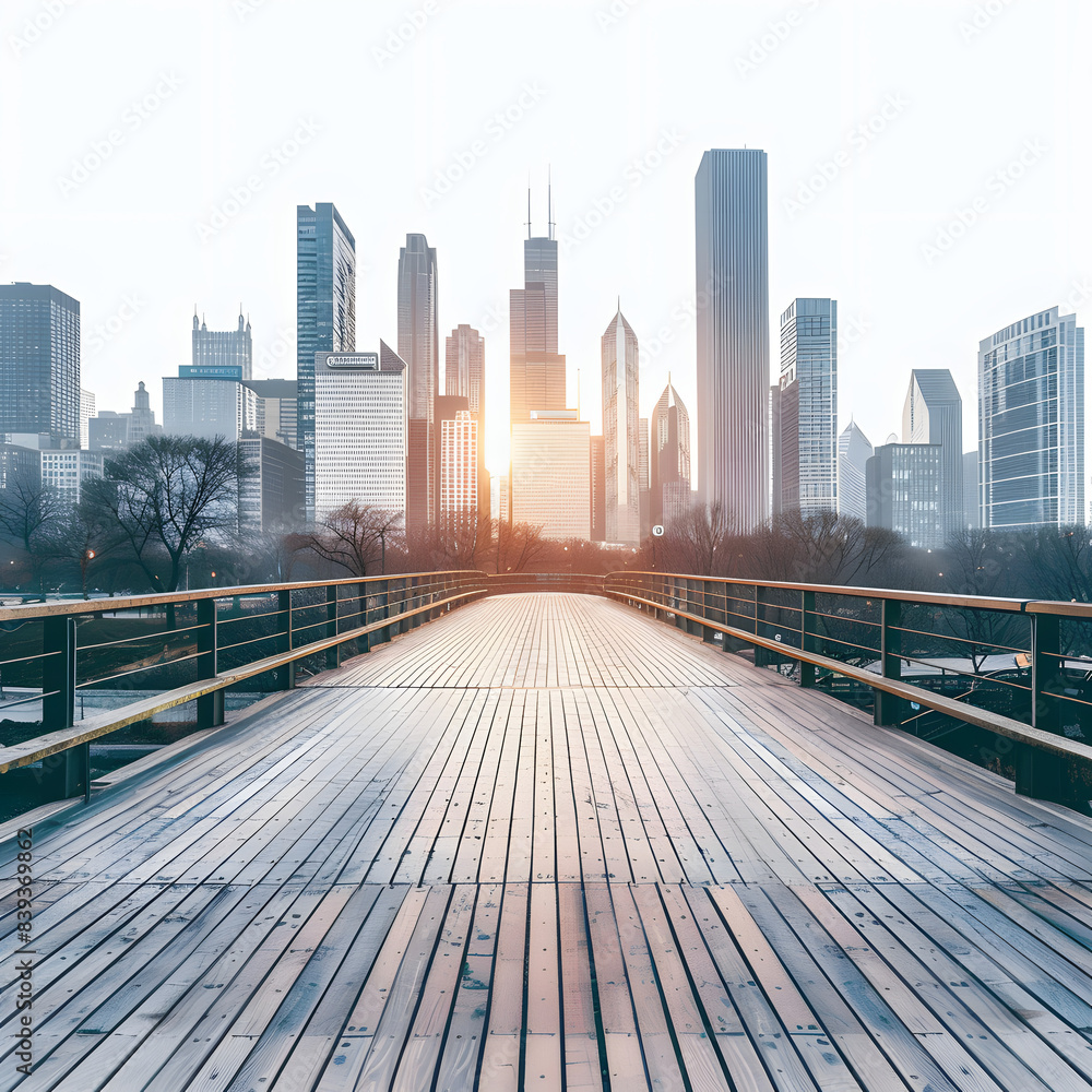 chicago skyline at sunrise from the wooden bridge in millennium park ...