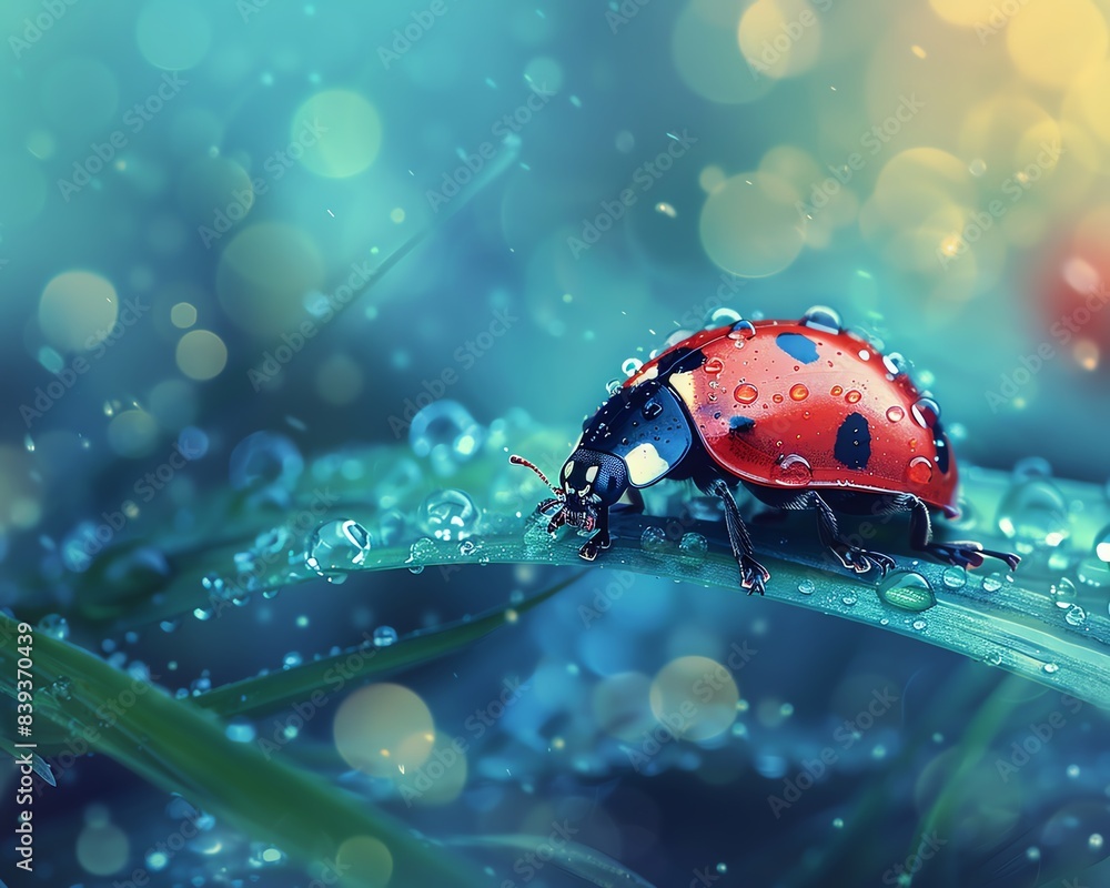 4K detailed illustration of a ladybug on a dewy grass blade, vibrant ...