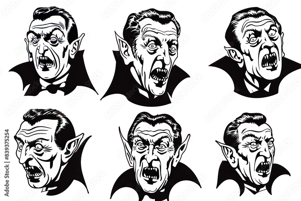 A collection of six black and white illustrations of a classic vampire ...