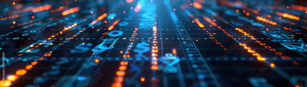 Blue digital illustration of interconnected currency symbols and ...
