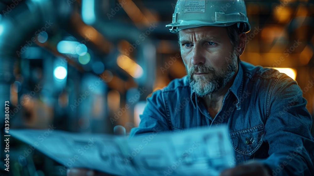 Engineer Reviewing Schematics: Illustrate an engineer reviewing large ...