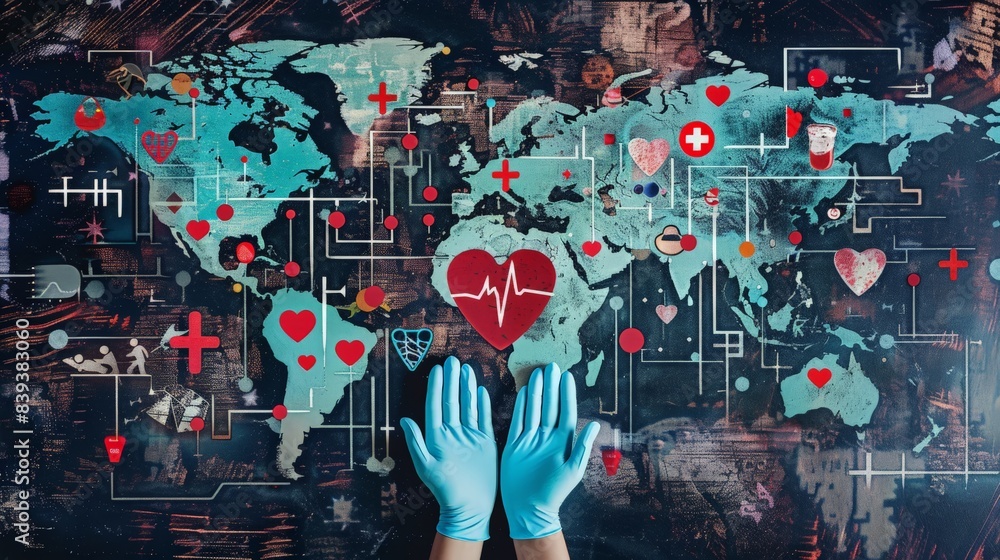 A person donating blood with an overlay of a world map and various ...