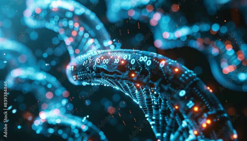 DNA strands as data cables, biometric fingerprint patterns, sleek ...