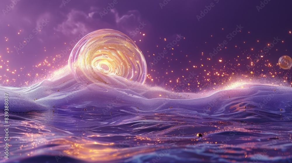 Surreal digital art of glowing orb over a purple ocean with sparkling ...