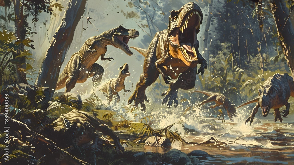 An intense chase scene of a Tyrannosaurus rex hunting a group of ...