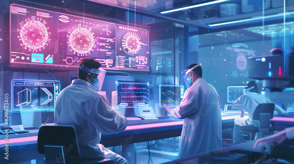 Covid variant tracking: Illustrate a high-tech lab where scientists ...