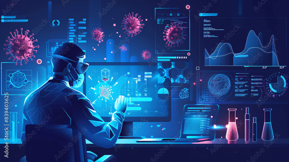 Covid variant tracking: Illustrate a high-tech lab where scientists ...