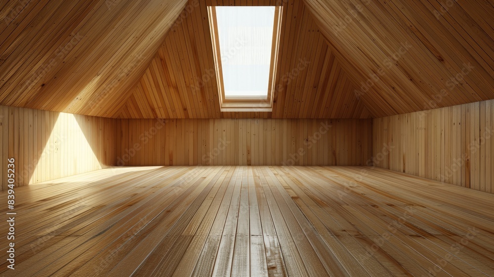 A wooden wall with an attic window, light wood grain texture, interior ...