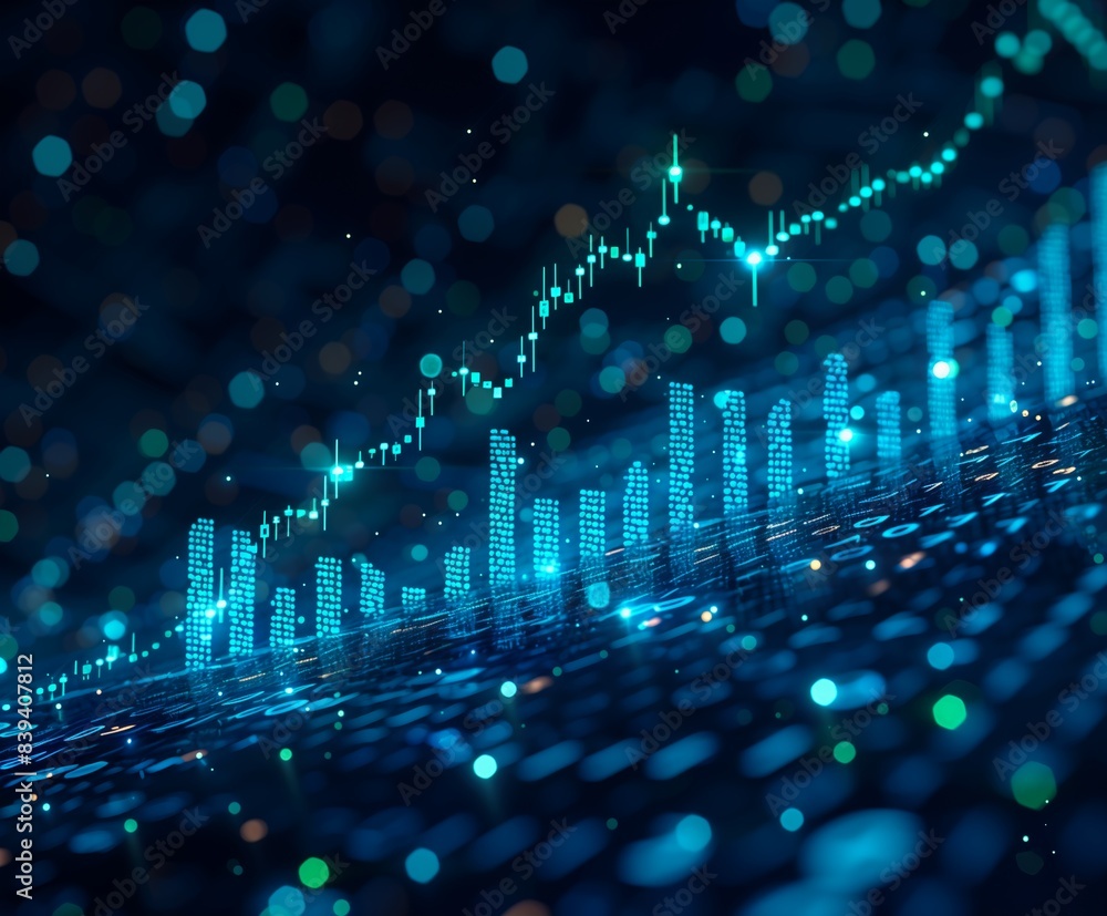 closeup blue green graph bar chart lens flares large arrays data holograms spirit bull run ...