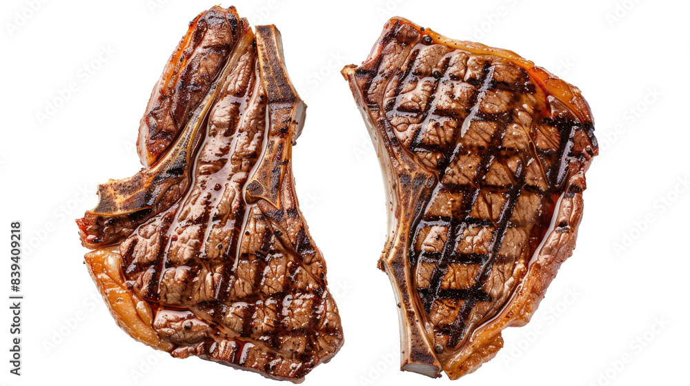 Two perfectly grilled T-bone steaks, showing the crosshatch grill marks ...