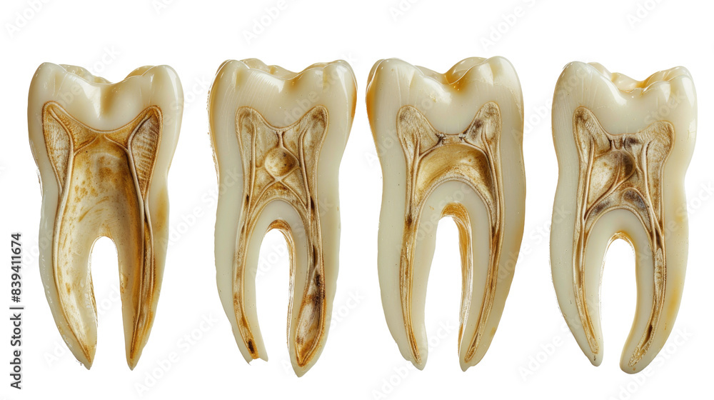 Four human teeth in a row, showing the internal structure and root in ...