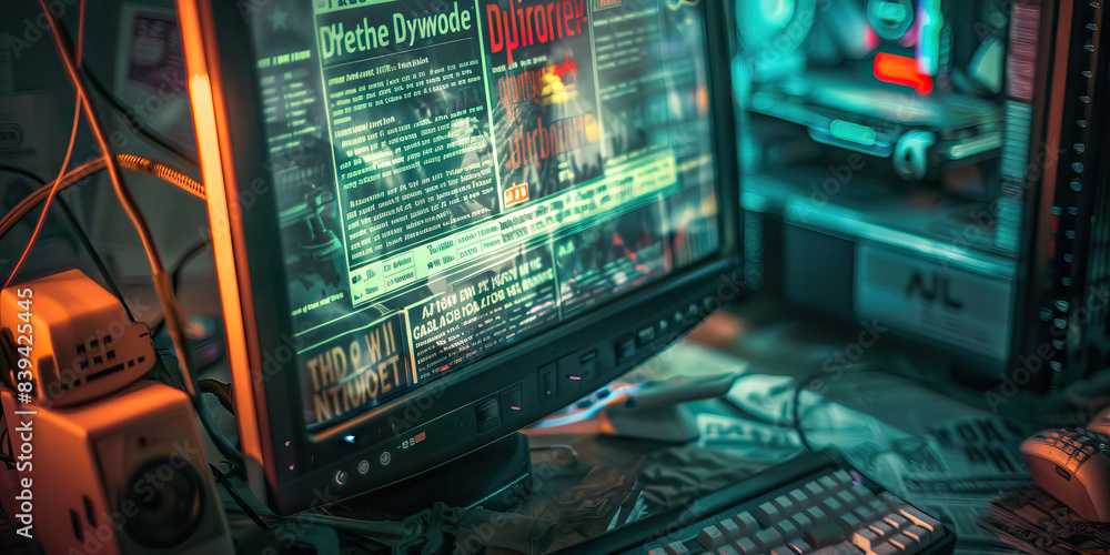 The Digital Dystopia: A grimy computer monitor showing news of a ...