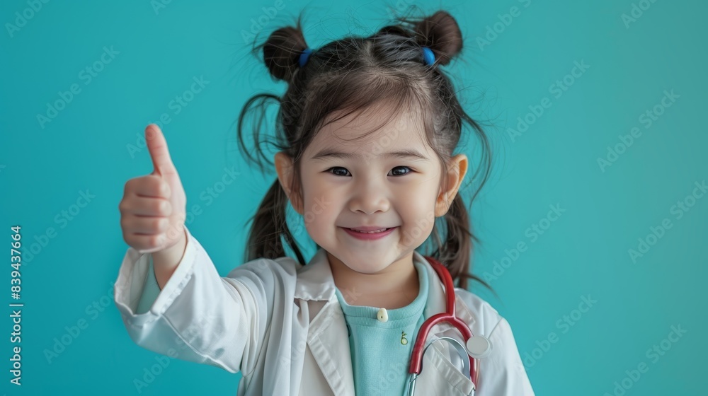 Adorable young girl dressed as doctor giving thumbs up with smile ...
